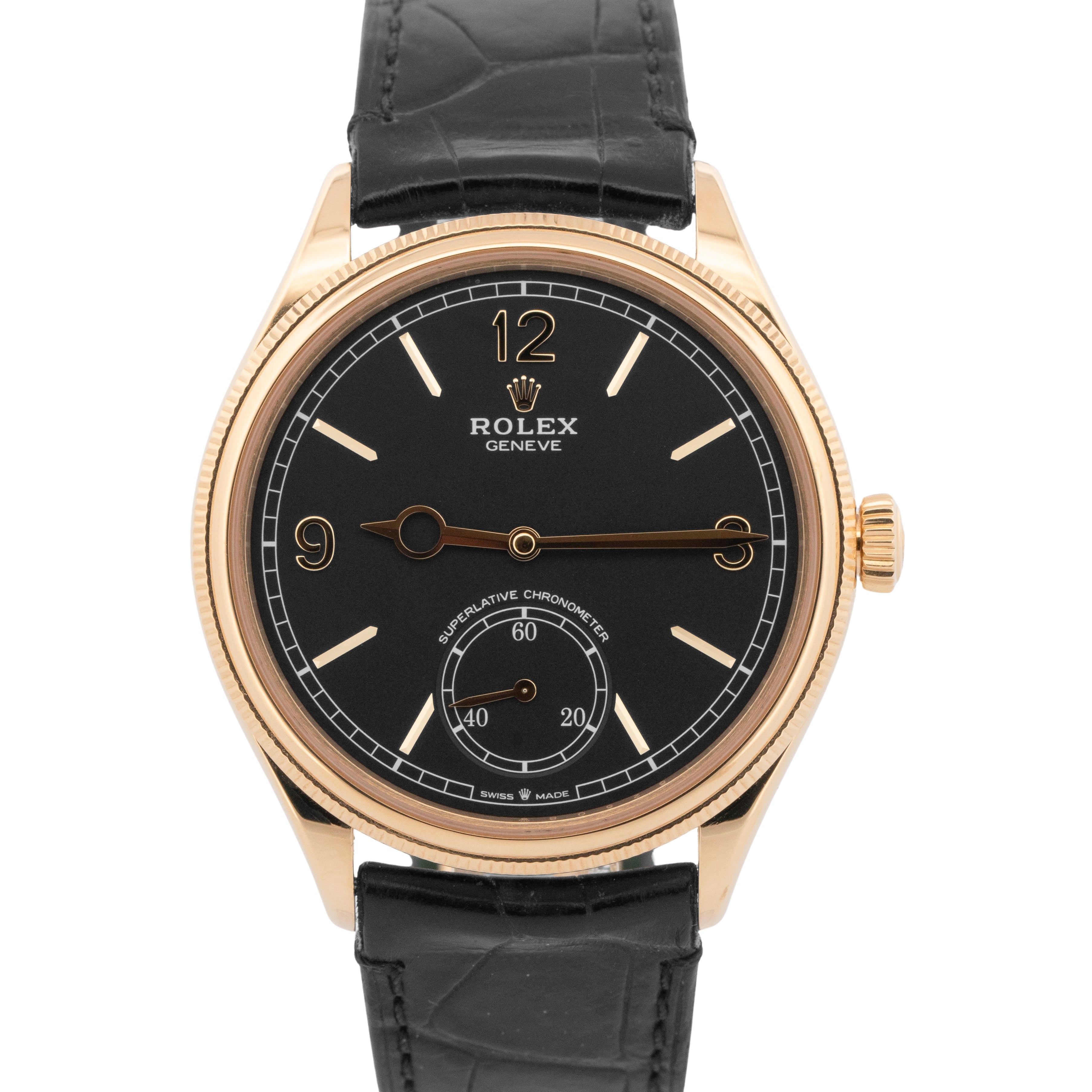 PAPERS Rolex 1908 Black 18K Yellow Gold Leather Strap 39mm 52508 Watch ...