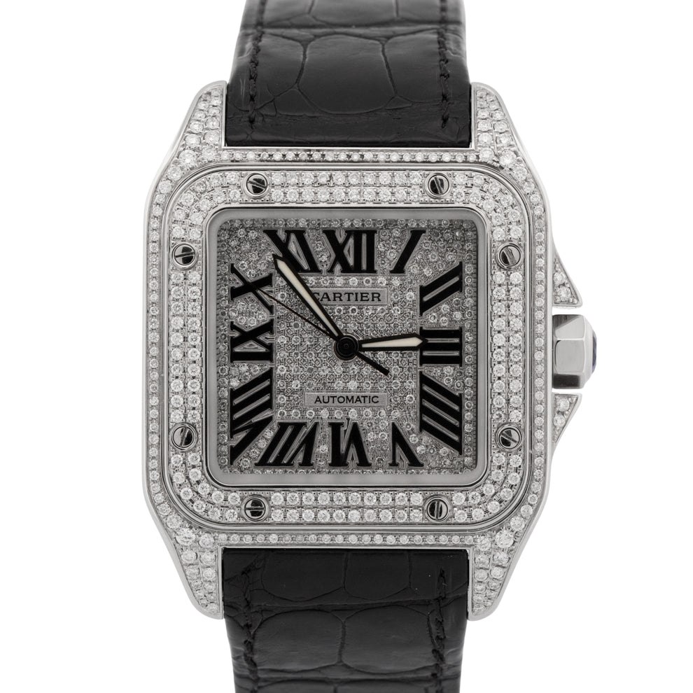Cartier Santos 100 XL PAVE DIAMOND Stainless Steel Leather 38mm 2656 W ...