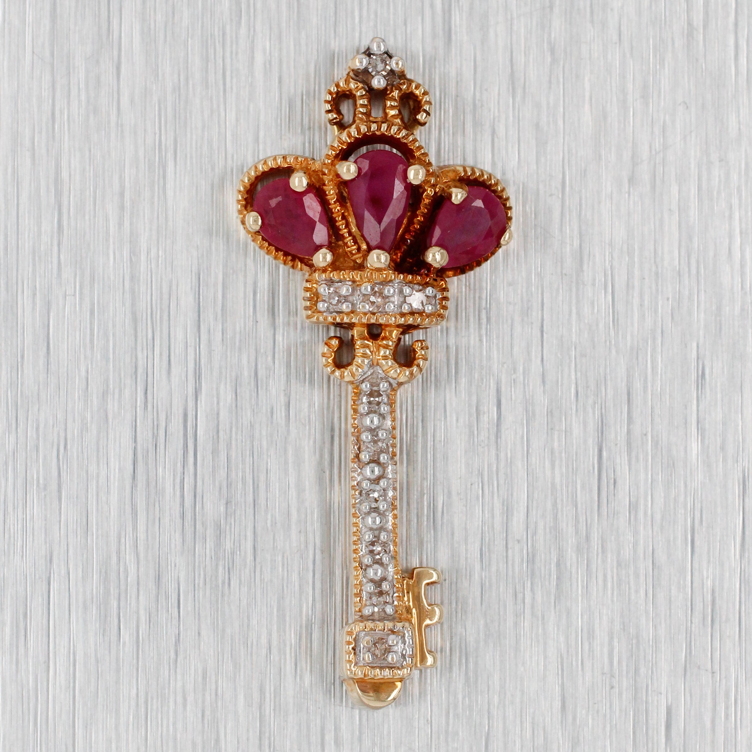 Vintage Red Ruby Crown & Diamond Key Pendant Charm - 14k Yellow Gold ...
