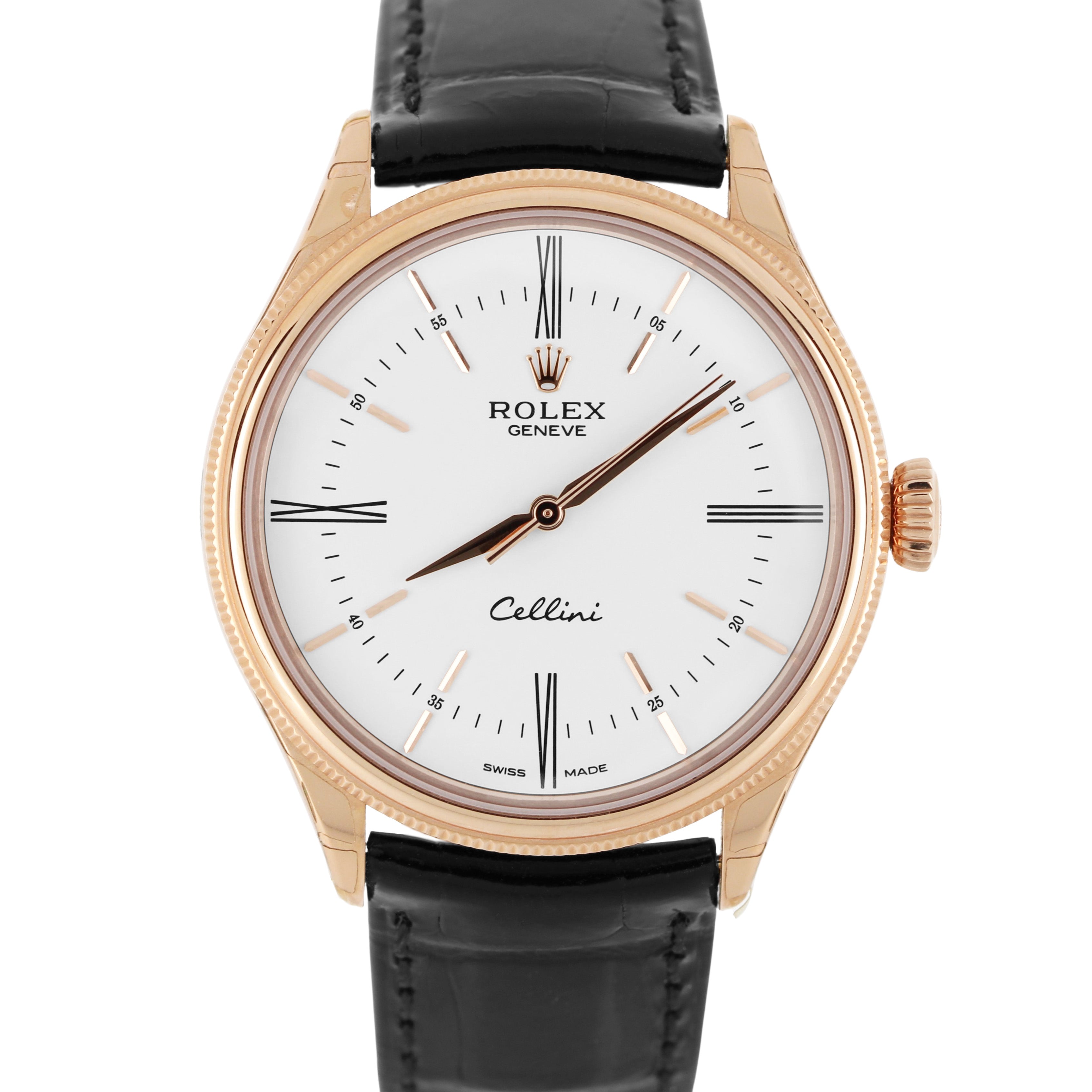 NOS STICKERED Rolex Cellini PAPERS 18k Rose Gold White 39mm 50505 Watc ...