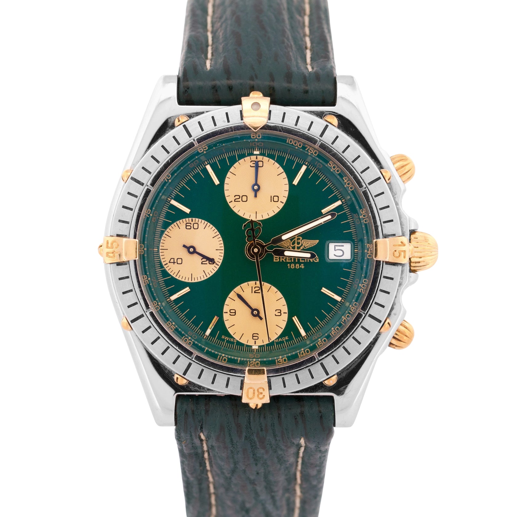 Breitling Chronomat Two-Tone 18k Gold Steel GREEN 39mm Leather Date B1 ...